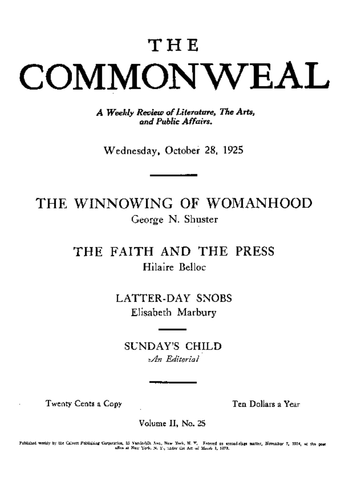 October 28, 1925 | Commonweal Magazine