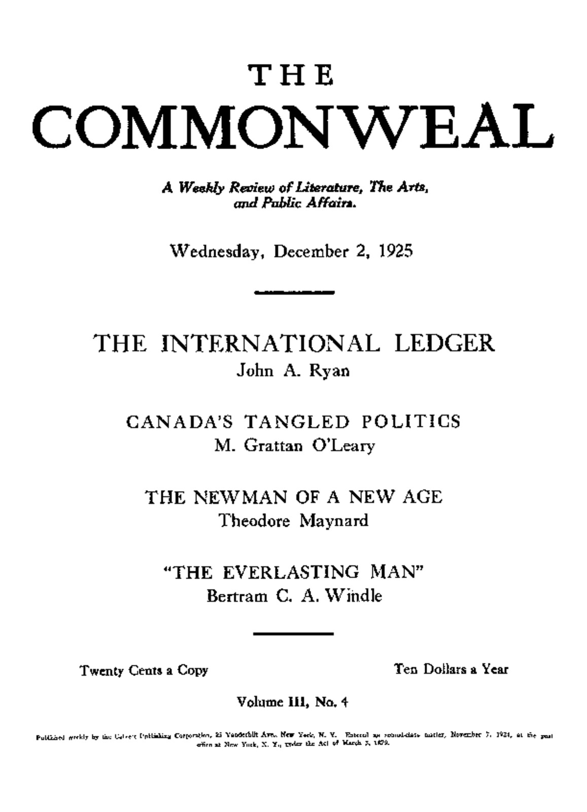 December 2, 1925 | Commonweal Magazine