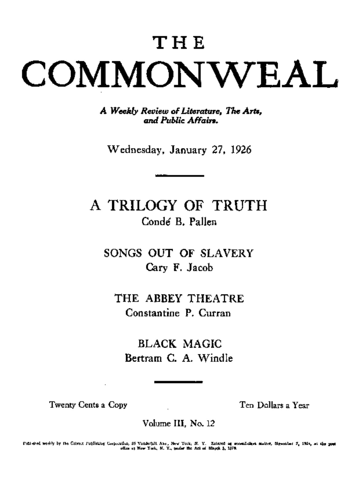 January 27, 1926 | Commonweal Magazine