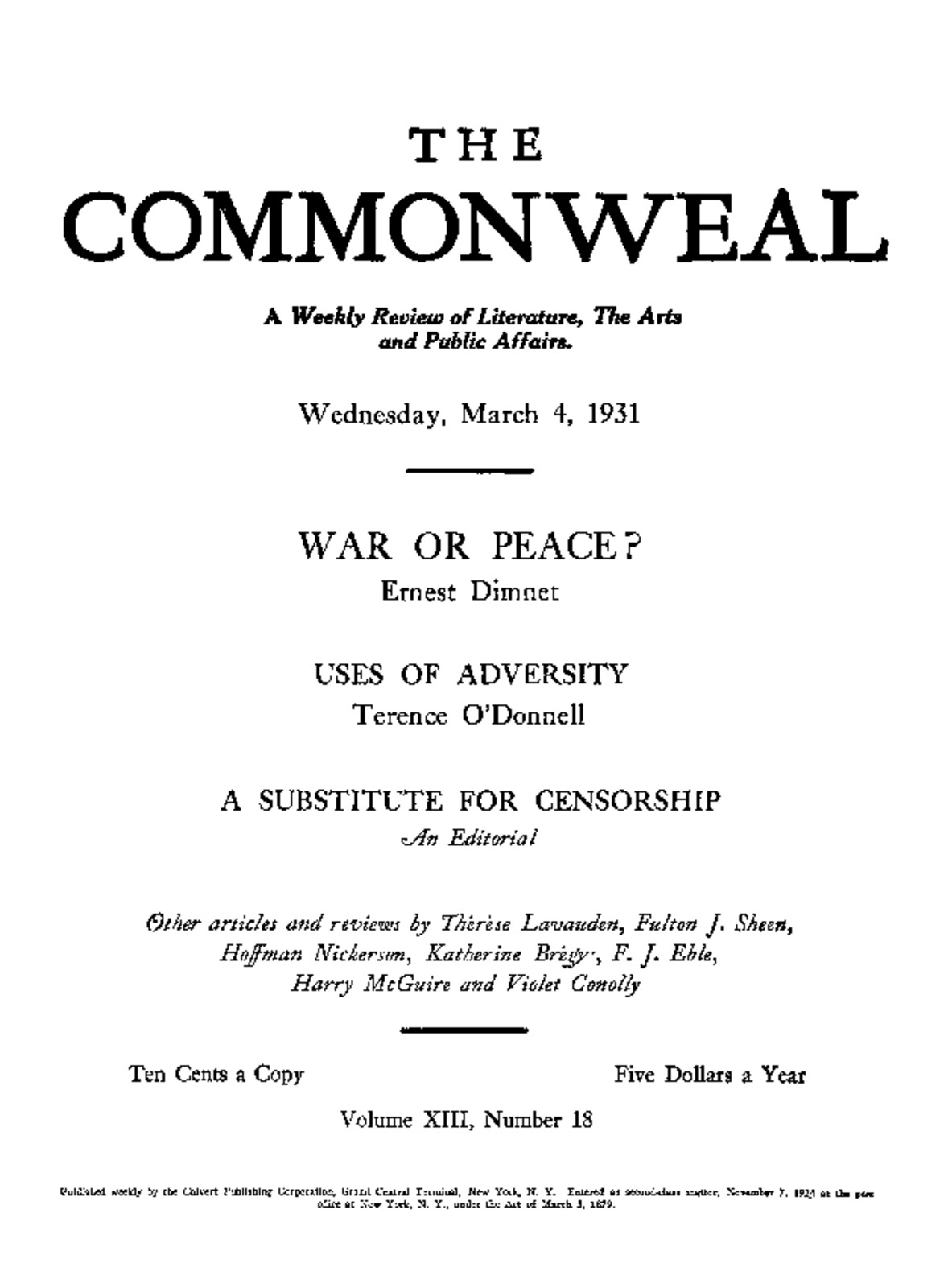 March 4, 1931 | Commonweal Magazine